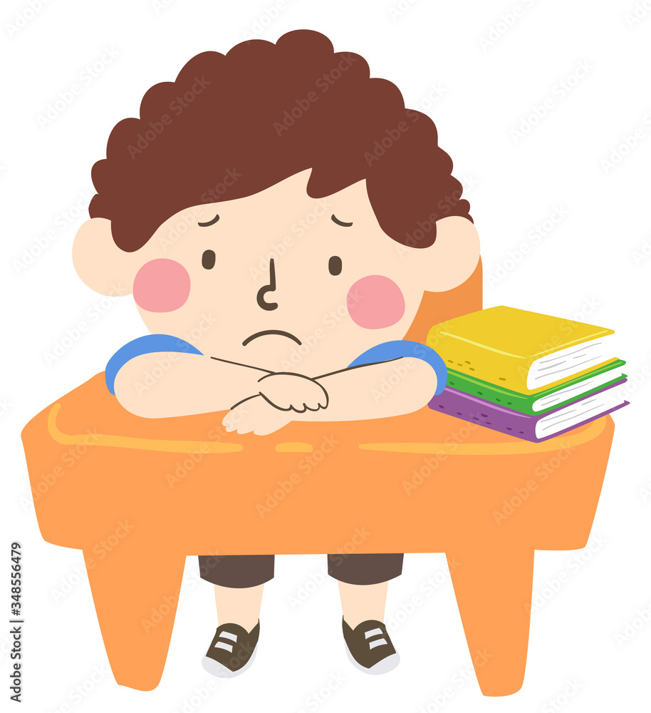 Kid Boy Class Sitting Desk Sad Illustration Stock Vector | Adobe Stock
