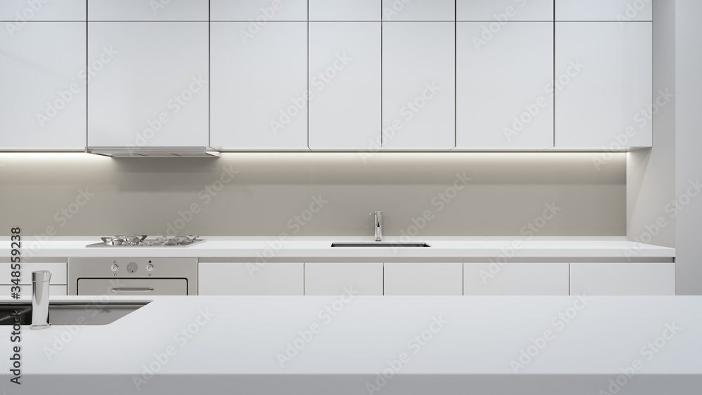Cabinet of modern kitchen in luxury house. Home interior 3d rendering ...
