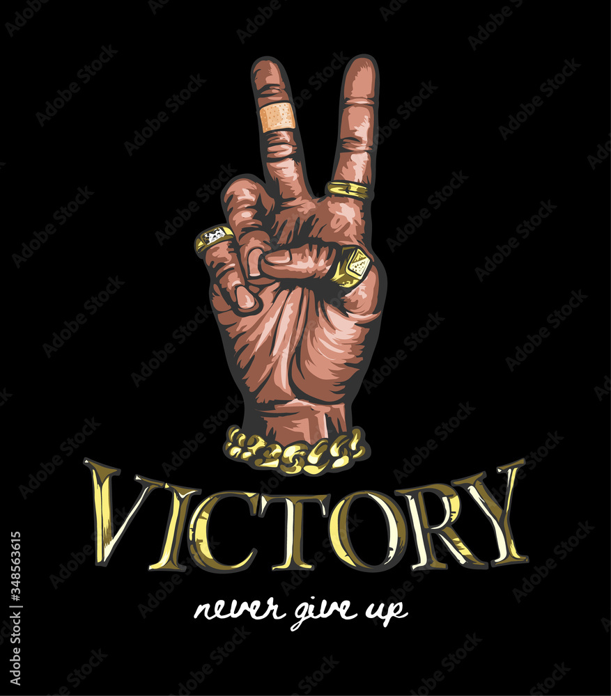 victory slogan with V hand sign illustration on black background Stock ...