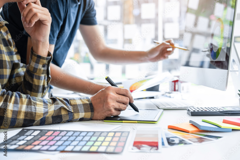 Team design of young Interior graphic designer working house project ...