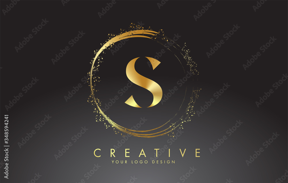 S golden letter logo with golden sparkling rings and dust glitter on a ...