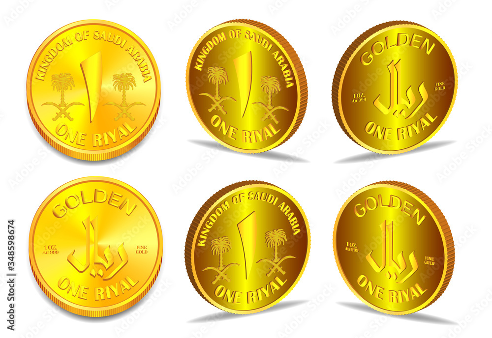 Coin of the Kingdom of Saudi Arabia in several 3D projections. Riyal 1 ...