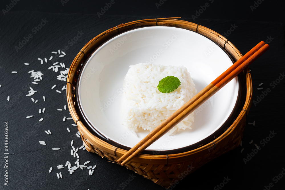 Asian Food concept cooked Thail jasmine rice long grain rice in ceramic ...