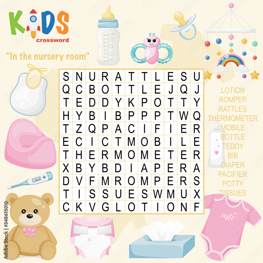 Easy word search crossword puzzle "In the nursery room", for children ...
