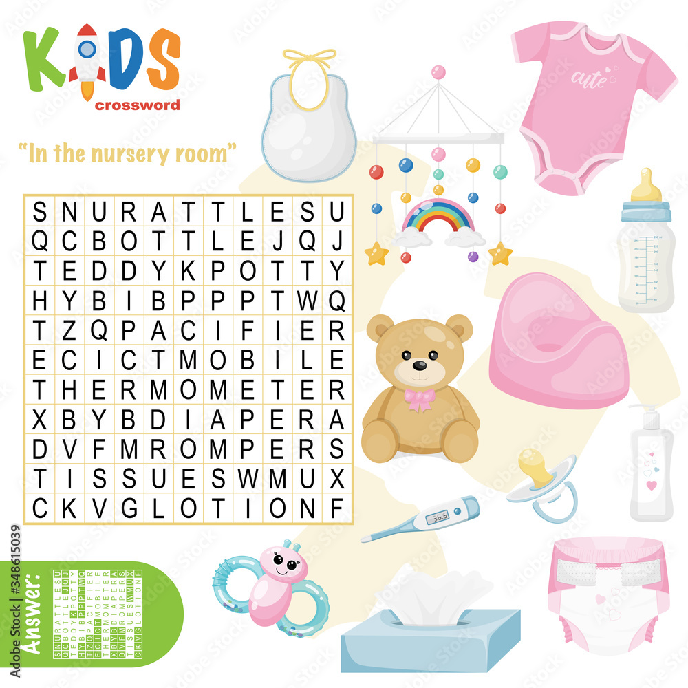 Easy word search crossword puzzle "In the nursery room", for children ...