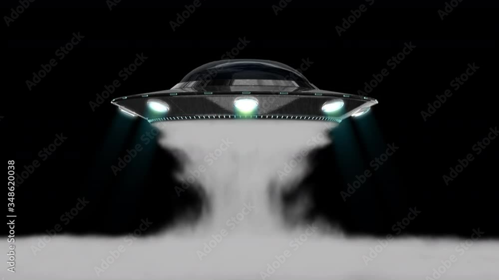 3D animation UFO spacecraft takeoff have light glow with smoke ...