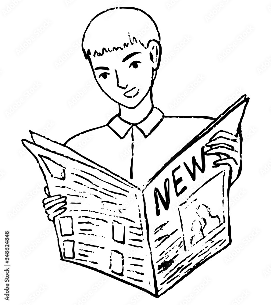 Hand drawn vector illustration. Young guy read the newspaper and show ...