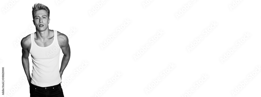 Sexy Shirtless Male Model Flirting Against White Background Stock Foto