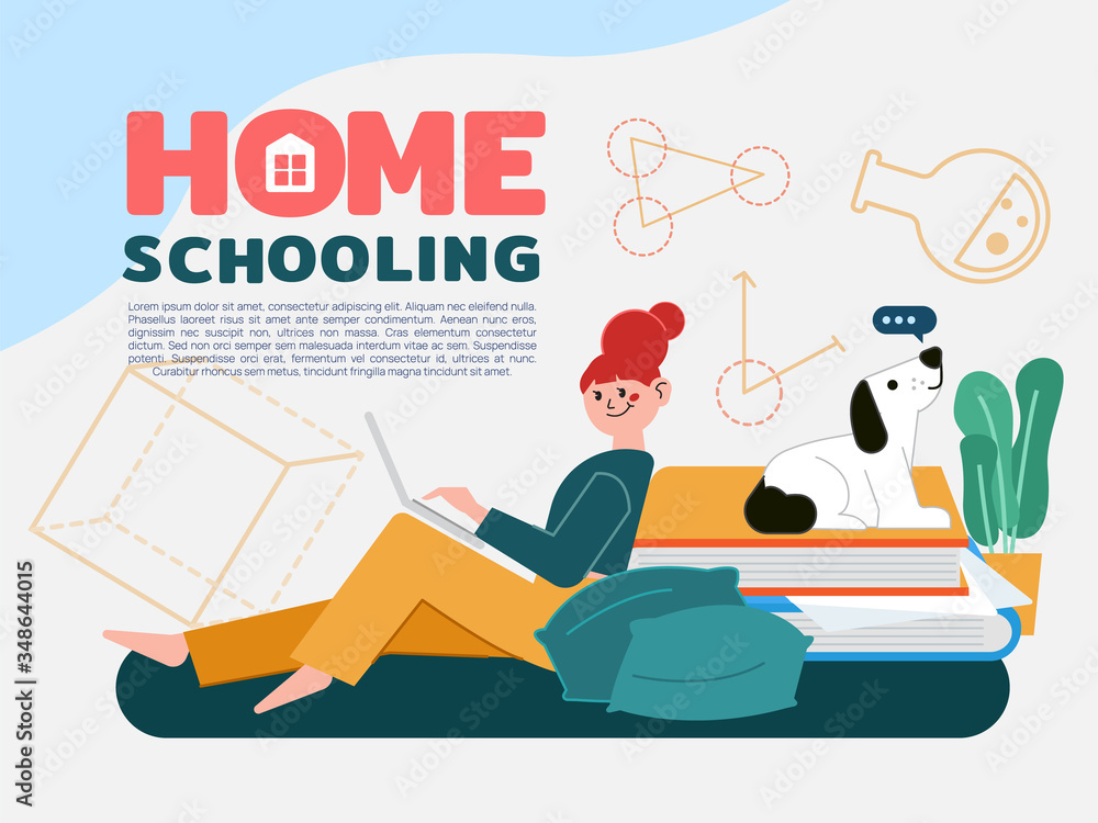 Girl sitting for learning and getting education in living room at home ...