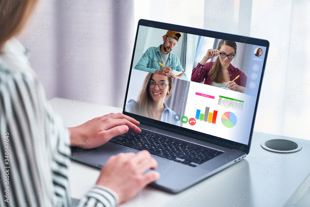 Employee talking with colleagues on video conference. Freelance team ...