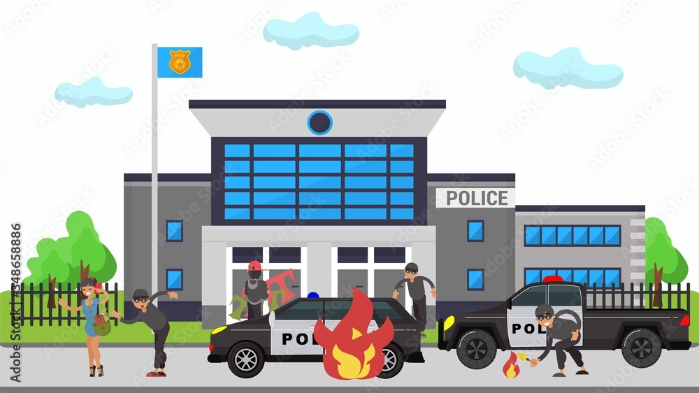 Criminal man in mask set fire policeman cars near police station on ...