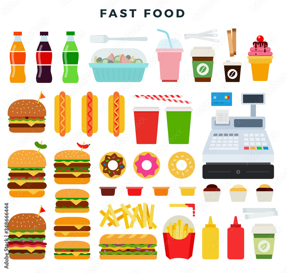 Colorful set of fast food products. Collection for fast food cafe ...