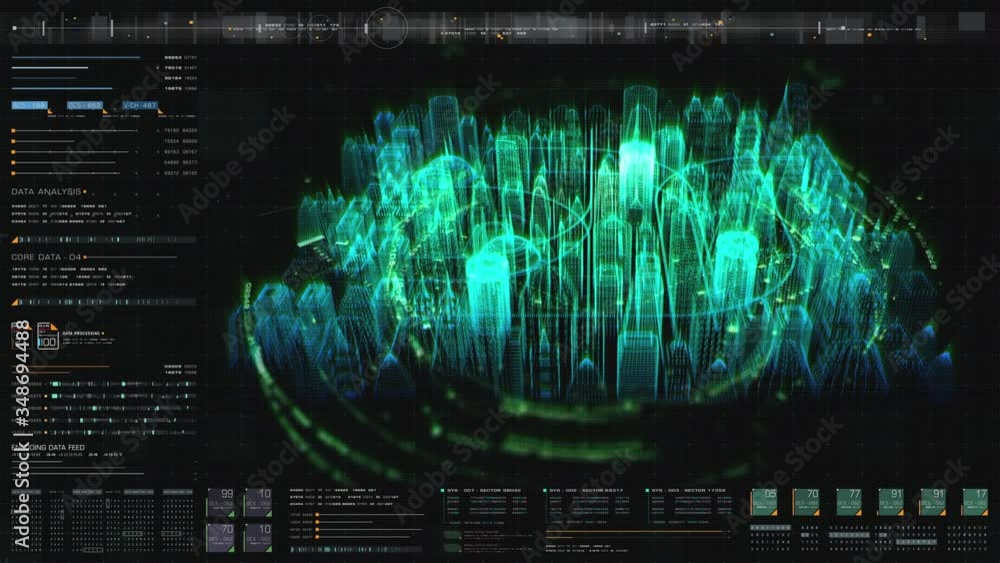 Futuristic head up display holographic city digitally generated image virtual reality matrix ...