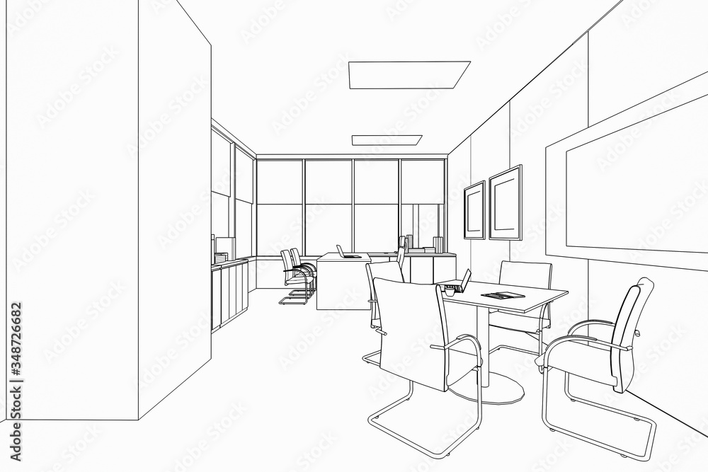 interior outline sketch drawing perspective of a space office Stock ...