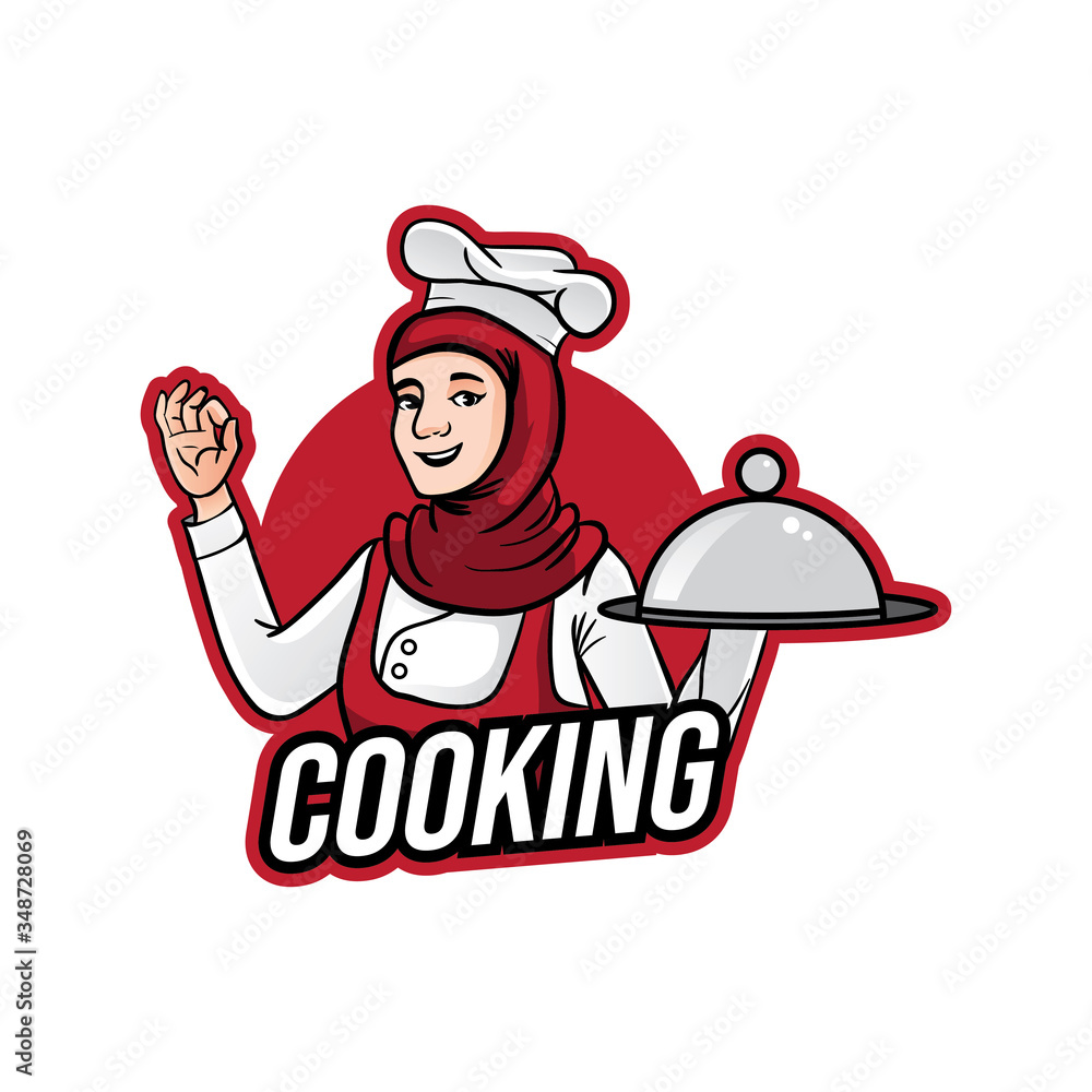 Woman wearing hijab chef cooking mascot template Stock Vector | Adobe Stock
