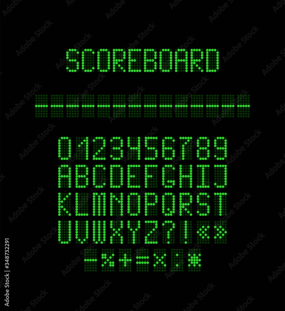 Green led scoreboard font. Vector realistic letters and numbers made of ...