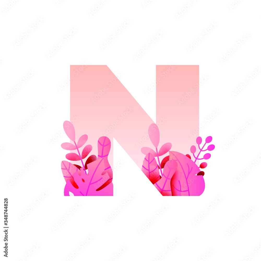 Botanical Alphabet Series - Letter N vector with botanic branch bouquet ...