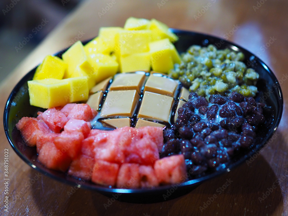 Bowl of Cold Tofu Pudding with Red Bean, Mung Bean, fresh watermelon ...