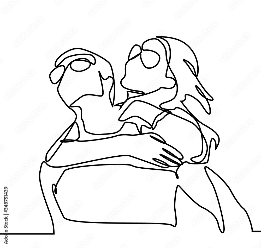 continuous line drawing of loving couple embracing and kissing. Girl ...
