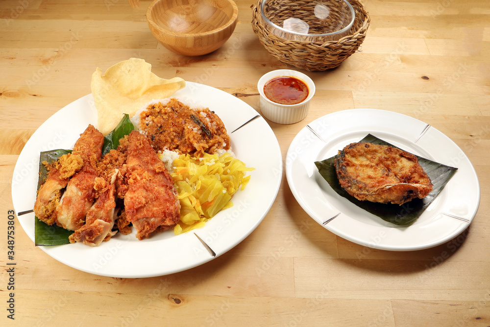 Traditional Malaysian Indian food white rice cabbage vegetable meat ...