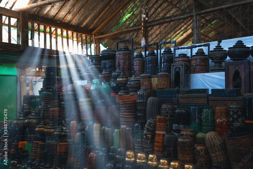 Myanmar (Burma) Bagan, various Burmese souvenirs at the Morning Mani ...