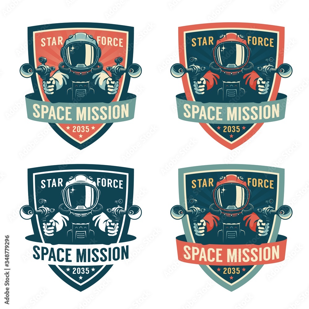 Astronaut with ray guns - vintage badge. Space army retro emblem ...