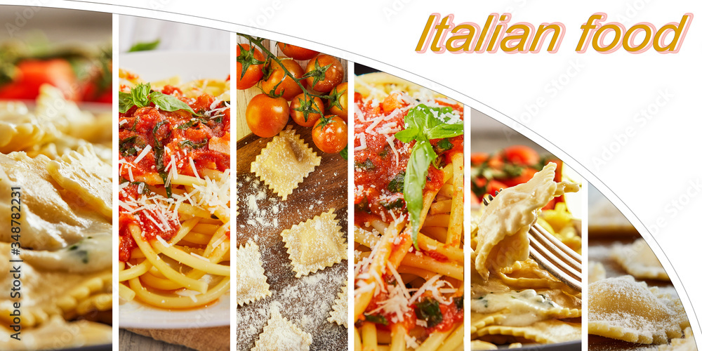 Collages from photos of pasta and ravioli. Italian food. copy space ...