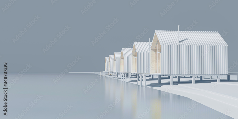 Perspective view of several rural barnhouse style houses lined up by ...
