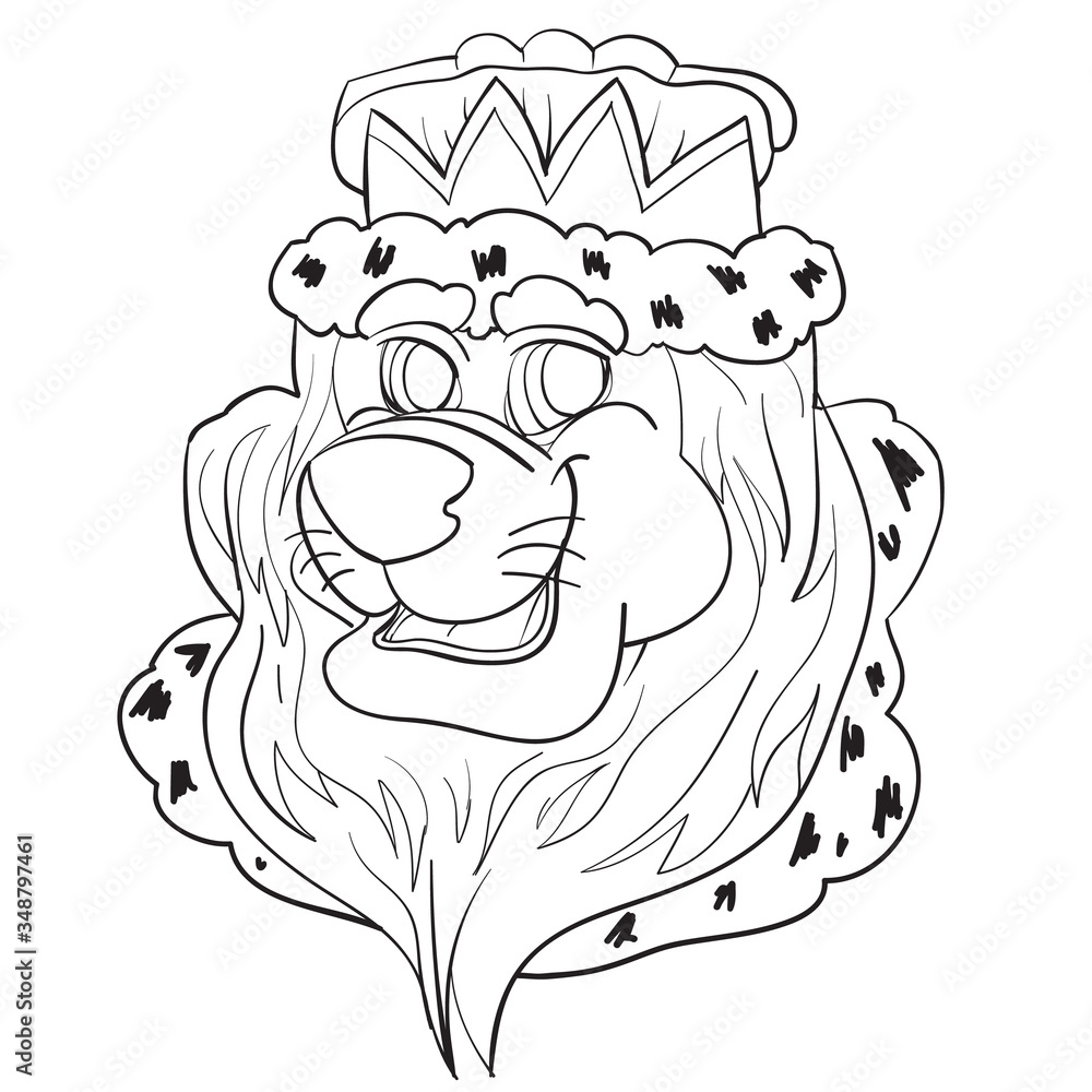 cartoon sketch of a lions head in a crown and mantle, outline drawing ...