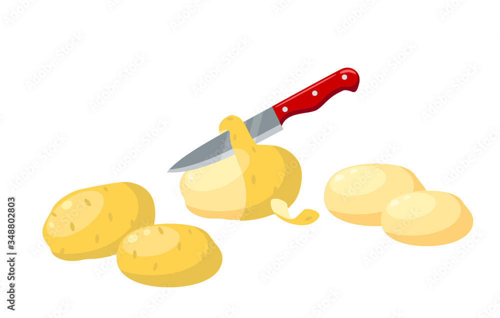 Preparation stages for cooking potato. Peeling by knife, unpeeled and ...
