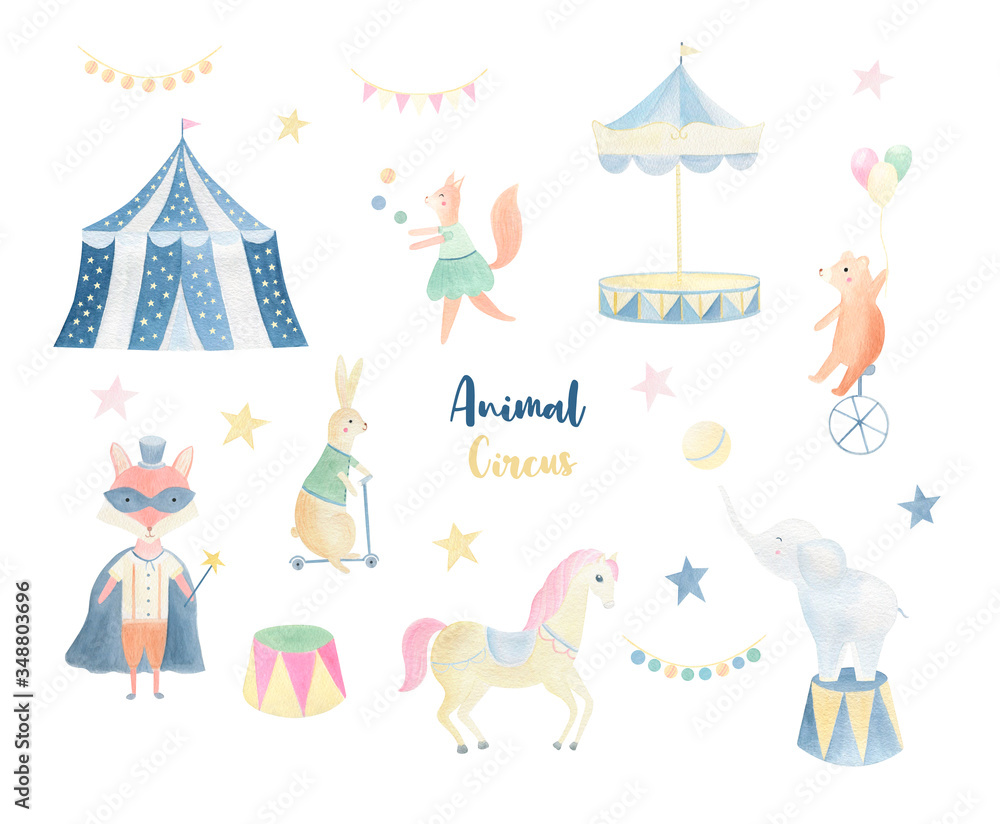 Cute animal circus hand painted isolated clip art set. Magic watercolor ...