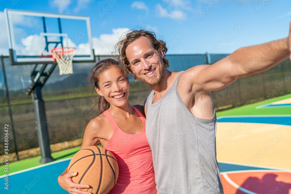 Basketball selfie woman and man friends playing recreational game happy ...
