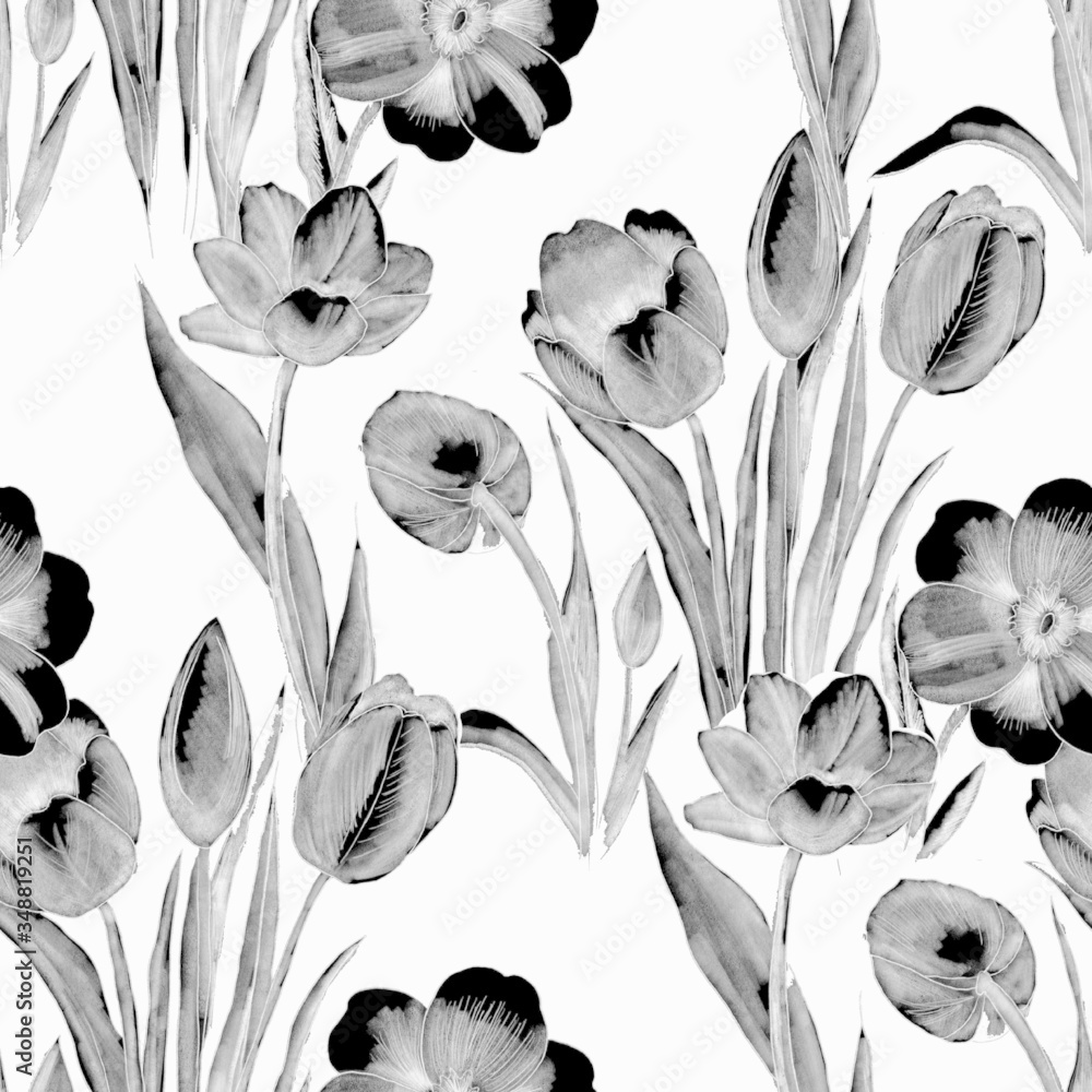seamless pattern of Tulip flowers pencil drawing Tulip buds for ...