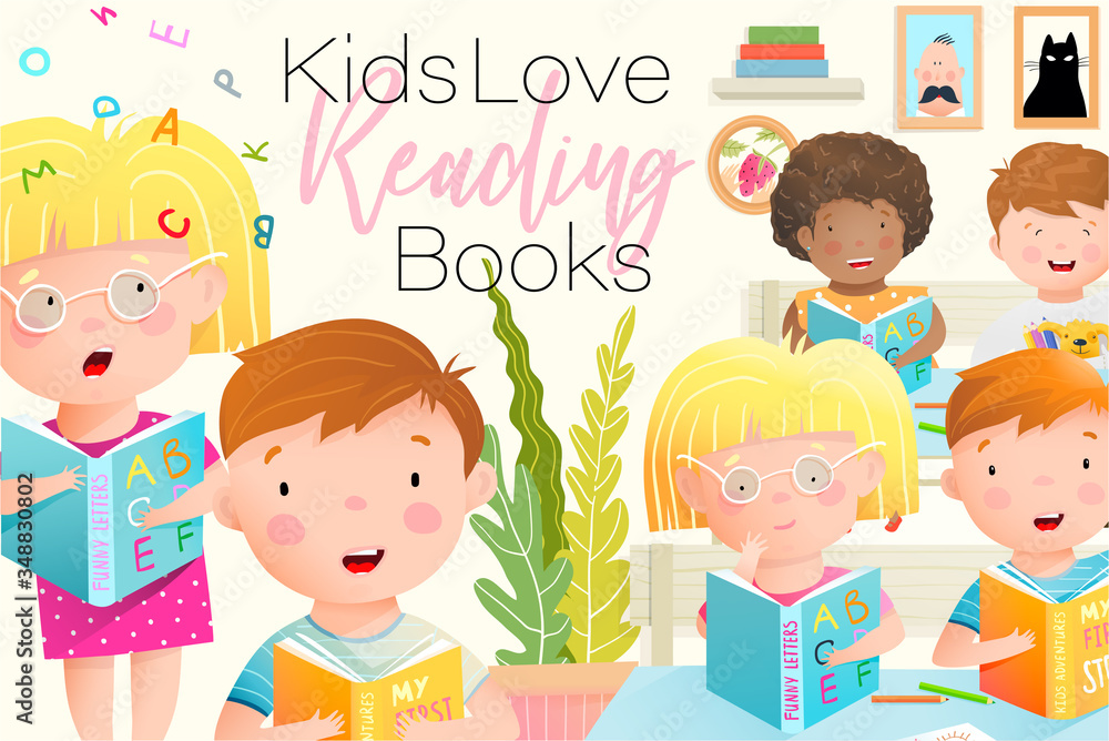Children in the classroom reading book funny and colorful background ...