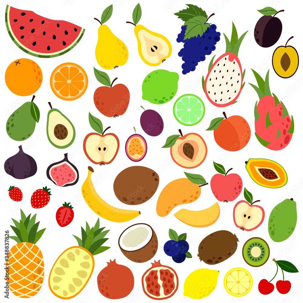 Vetor de Collection various fruits and berries. Doodle fruits. Natural ...