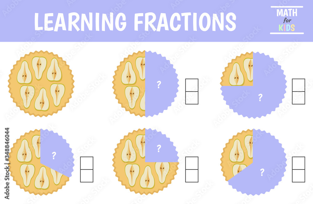 A math fractions worksheet. Learning fractions. Pie. Vector ...
