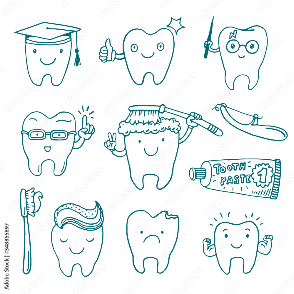 Hand drawn cute teeth doodle set Stock Vector | Adobe Stock