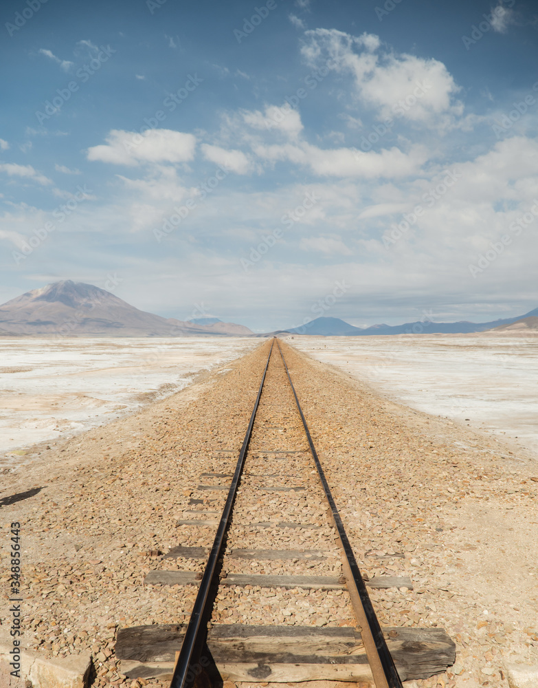 Wooden Train Track Railway lines. Bolivia Salt Flats mountain landscape ...