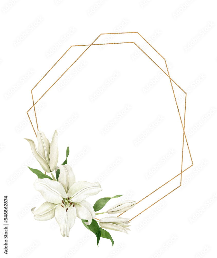 Watercolor white lilies with vertical golden geometric frame isolated ...