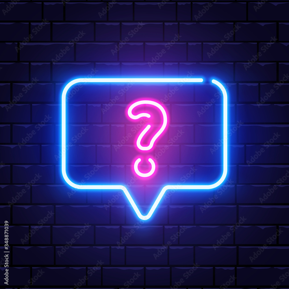 Neon glowing question mark. Quiz neon banner. Color neon frame on brick ...