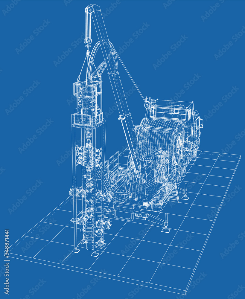 Oilfield coiled tubing equipment. Coiled tubing reel on a trailer. The ...