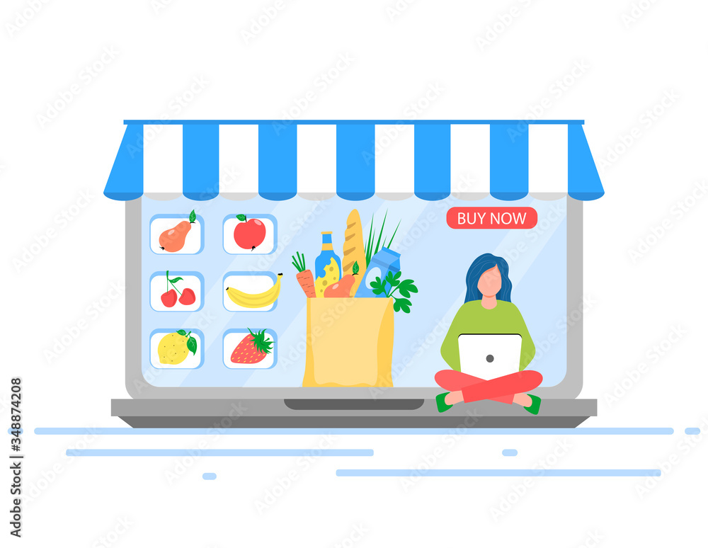 Product store design concept. A little woman buys groceries. Laptop ...