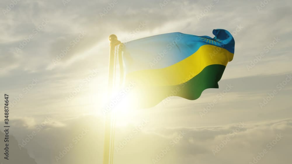 Flag of Rwanda Waving in the wind, Sky and Sun Background, Slow Motion, Realistic Animation, 4K ...