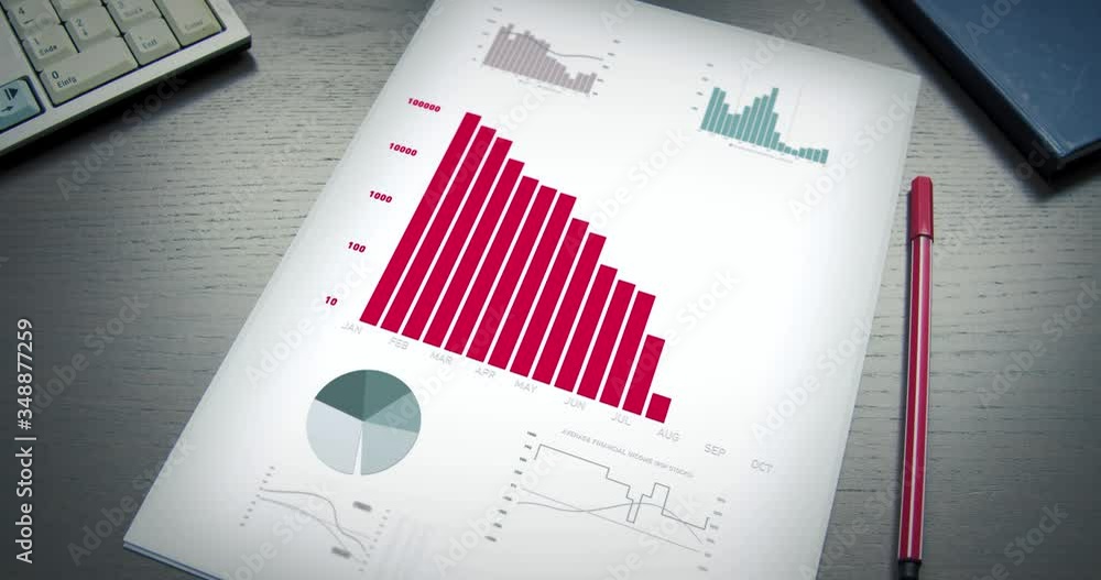 Negative graph develops on a piece of paper on an office table. Digital ...
