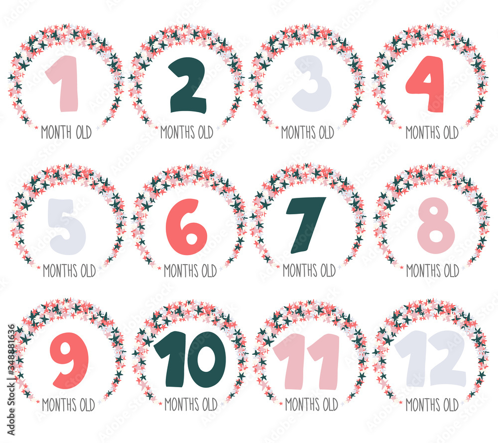 Monthly baby milestone cards with hand lettering. Round stars border ...