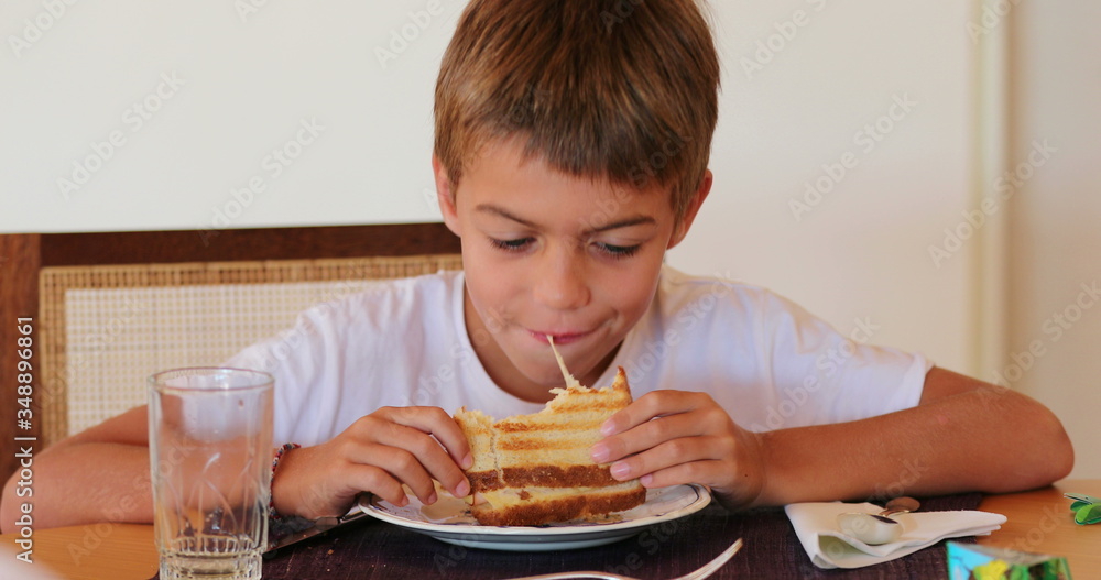 Child eating sandwich handsome young boy taking a bite of his ham and ...