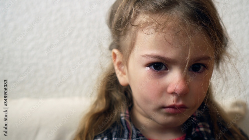 Mistreated child. Little girl upset. Child abuse and crying kid. Stock ...