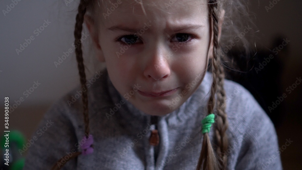 Crying child. Tears on the face of little girl. Difficult childhood ...