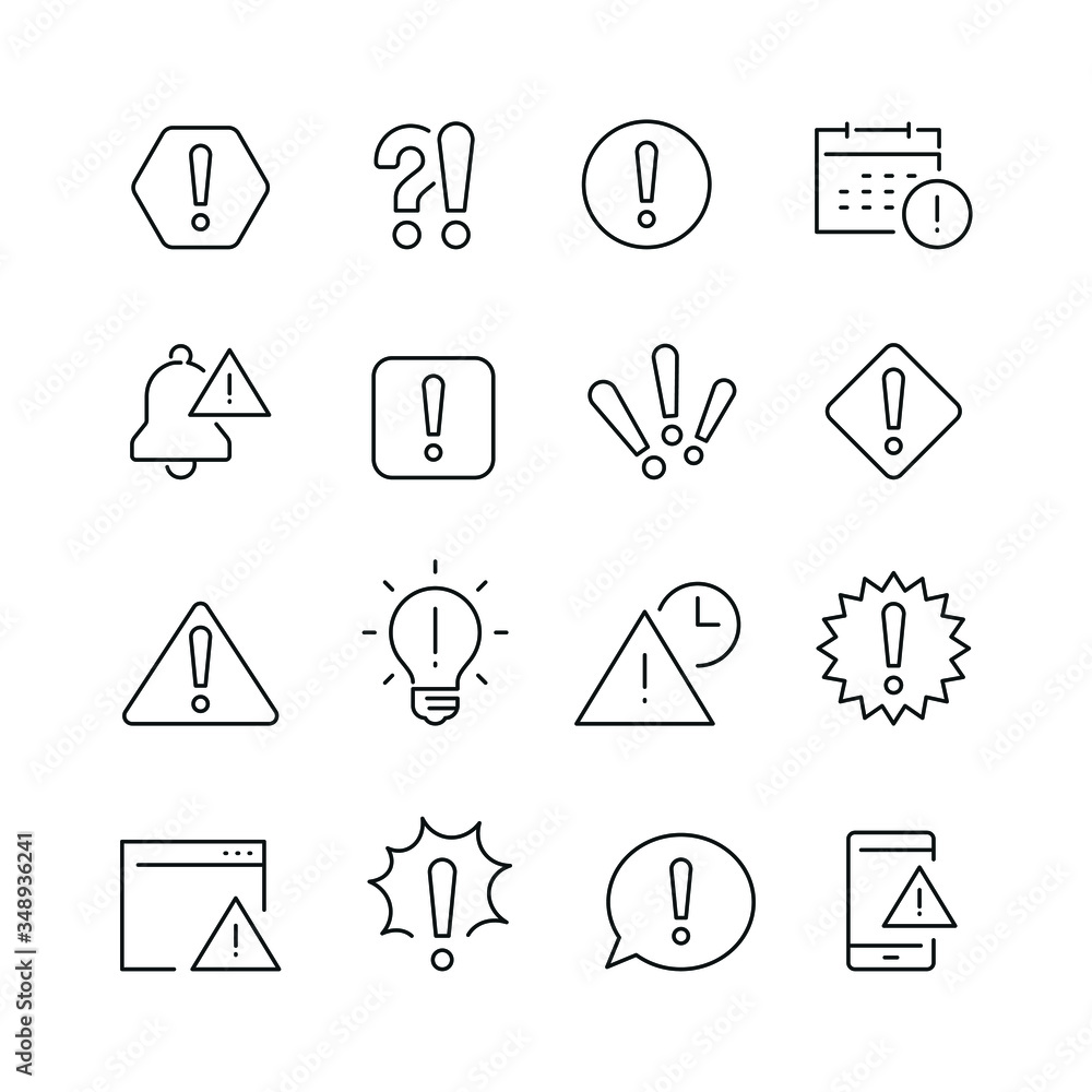 Exclamation mark related icons: thin vector icon set, black and white ...