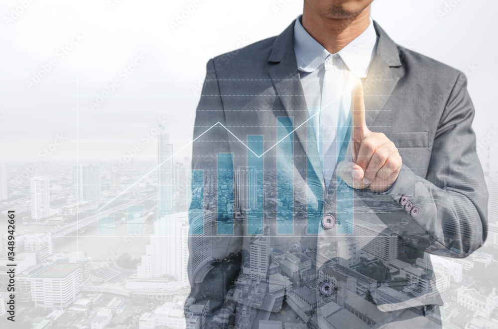 double exposure city and business man pointing marketing and finance ...